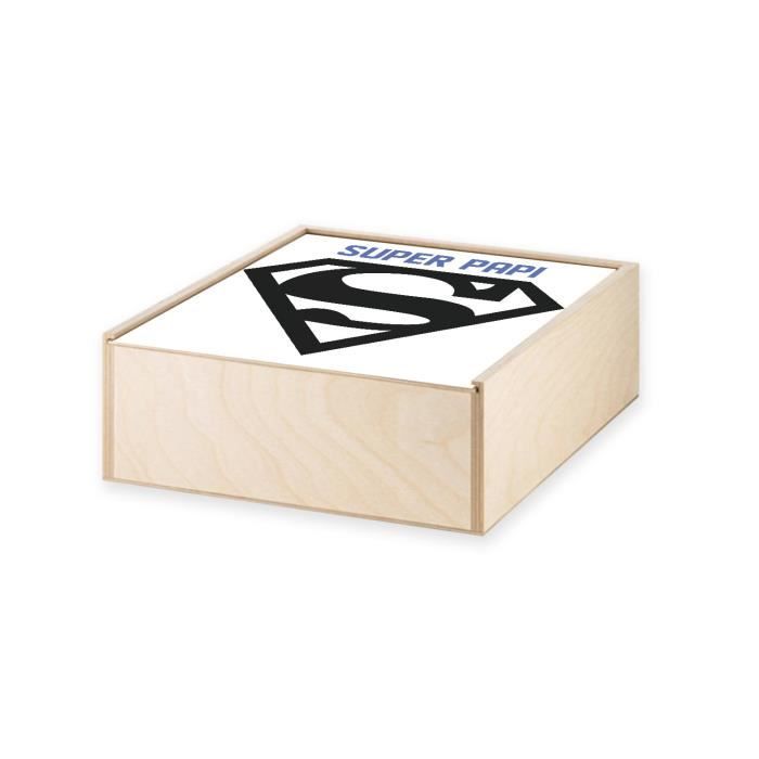 Boite Coffret en Bois - Super Papi Bleu Logo Super Héro (11 x 11 x 3,5 ...