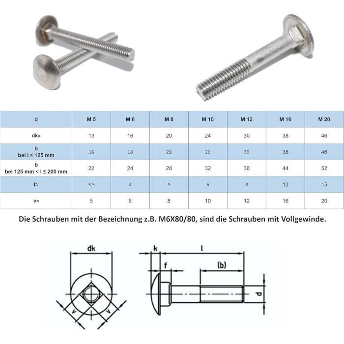 Lot De 6 Vis De Carrosserie M6 X 60 - Vis À Tête Bombée Avec Collet Carré Din 603 A2 En Acier ...