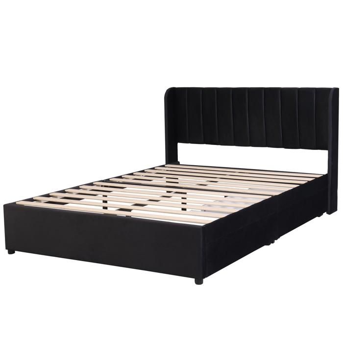 Lit double - Noir - 140 x 200 cm - Velours - Avec tiroirs - Style ...