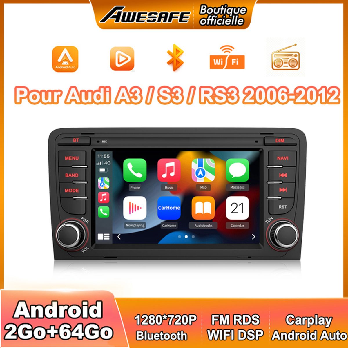 AWESAFE Autoradio Android 12 pour Audi A3 8P S3 RS3 Sportback [2Go+64Go ...