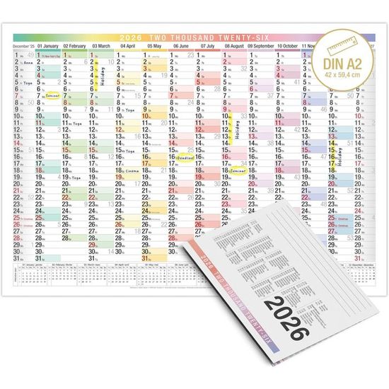 Calendrier mural A2 2026 version européenne Aperçu de 14 mois ...