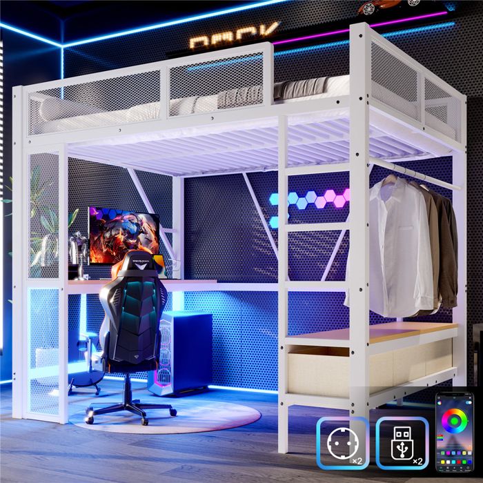 Lit Mezzanine 140x200 avec Bureau, LED, USB et Prise, Lit Gamer Adulte ...