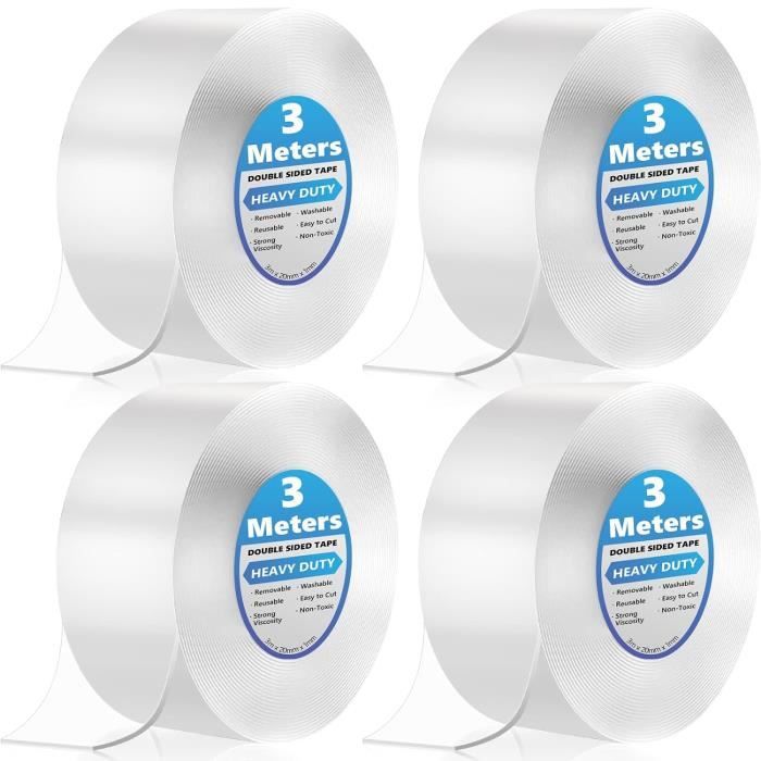 12 M Ruban Adhésif Double Face Extra Fort Transparent, 4 Pièces Double ...