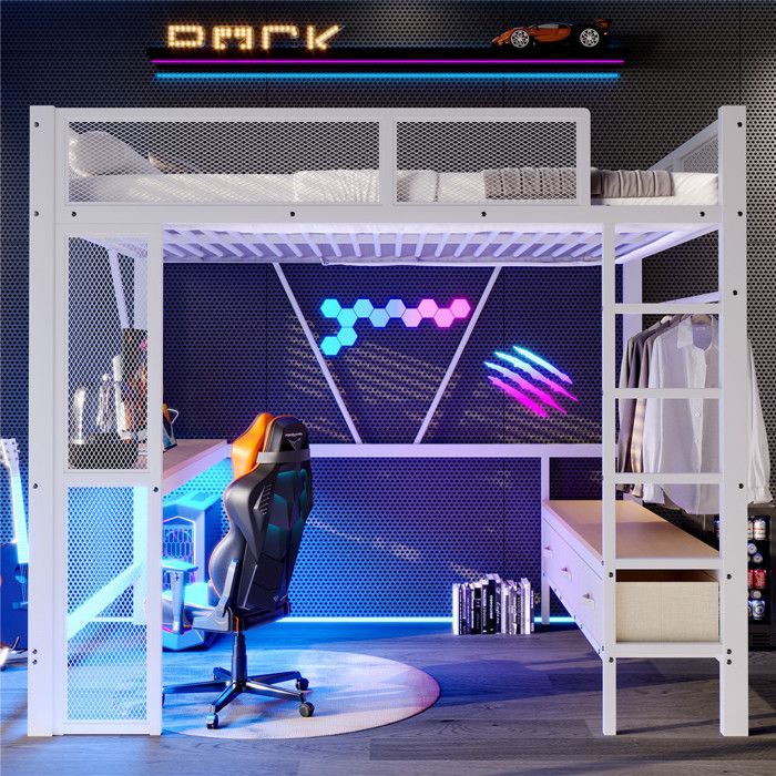 Lit Mezzanine 140x200 avec Bureau, LED, USB et Prise, Lit Gamer Adulte ...