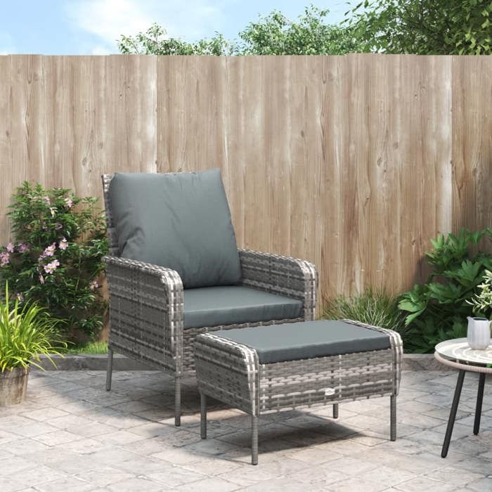 Chaise de jardin avec tabouret gris résine tressée Pour extérieur - 69 ...