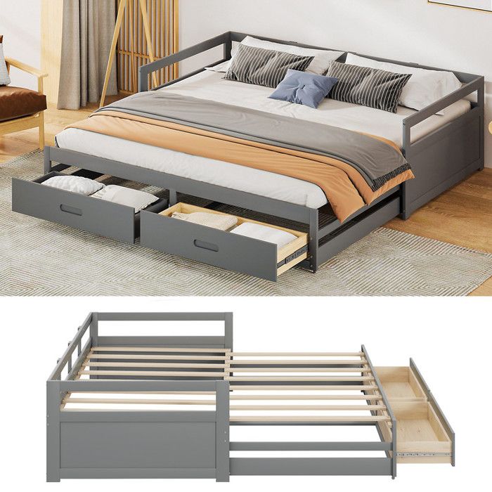 Lit extensible 90/180 x 200 cm avec 2 tiroirs,Lit gigogne180x200 avec ...