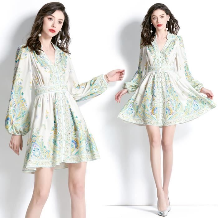 Robe,Mini robe imprimée pour femme,col montant,manches longues lanterne ...