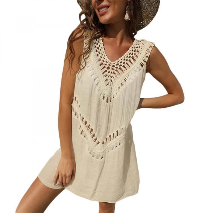 Femme Plage Courte Cache Maillot de Bain sans Manche Robe de Plage Femme Été Poncho Femme Plage ...