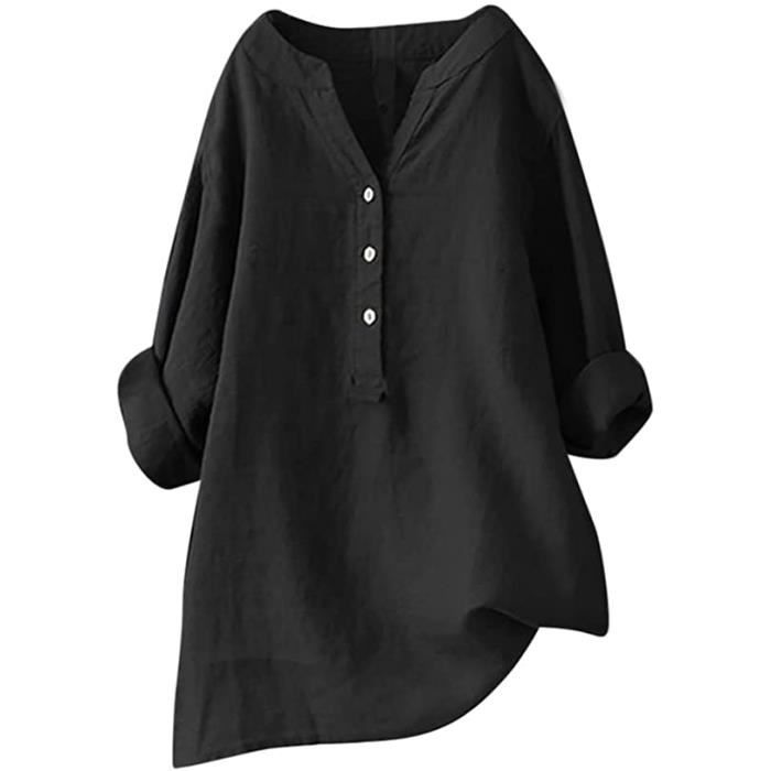 Blouse en Lin Femme Oversize Manches Longues en Vrac Blouse en Lin Col ...