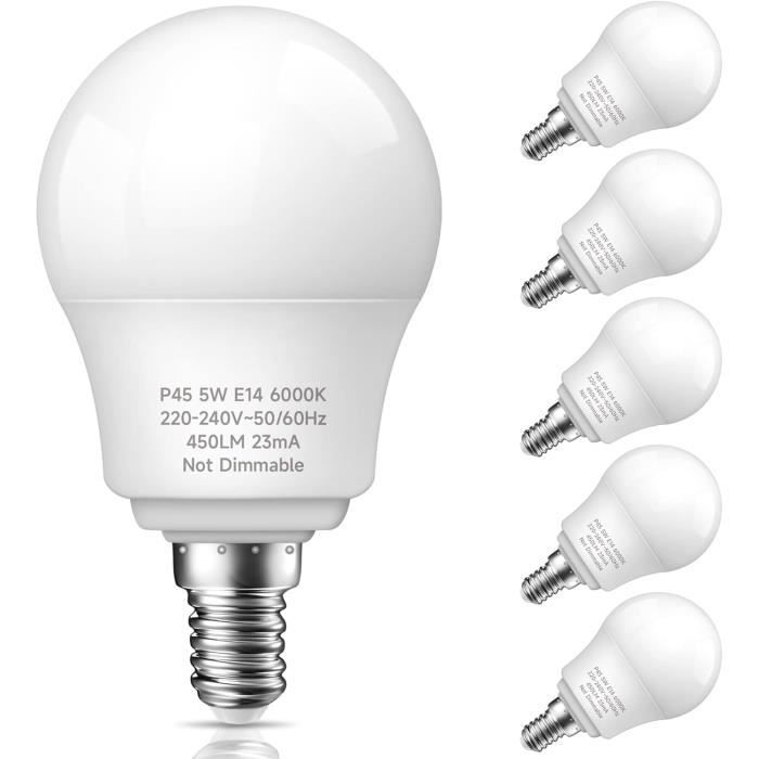 Plusluck Ampoule LED E14, P45 E14 Blanc Froid 6000K, 5W Équivalent 40W, 450LM, Ampoule Ronde P45 ...