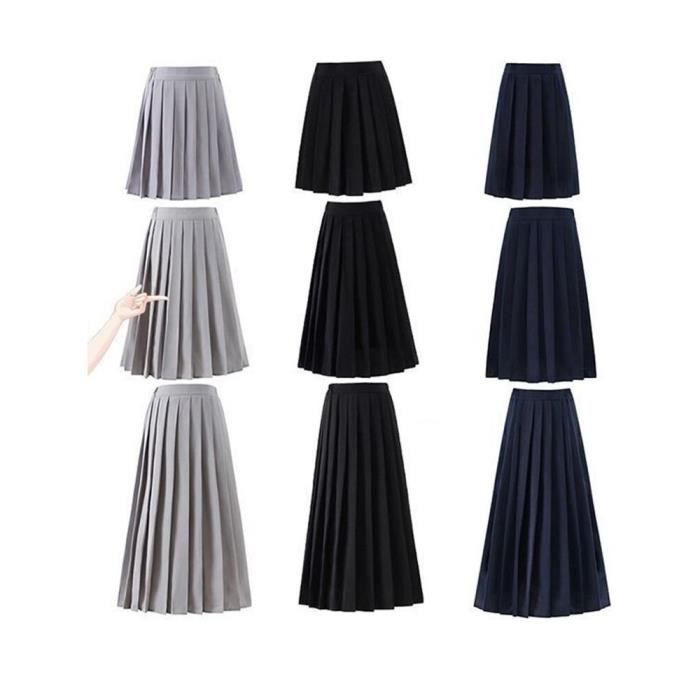 Jupe mi-longue de style preppy japonais pour femmes - Noir - Taille ...