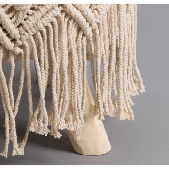 Pouf rond en cotton macramé coloris blanc avec pied en Bois - Ø 31 x ...