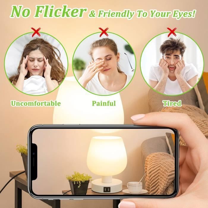 Lampe de Chevet Tactile - Blanc - Intensité Variable 3 Voies - 2 Ports ...