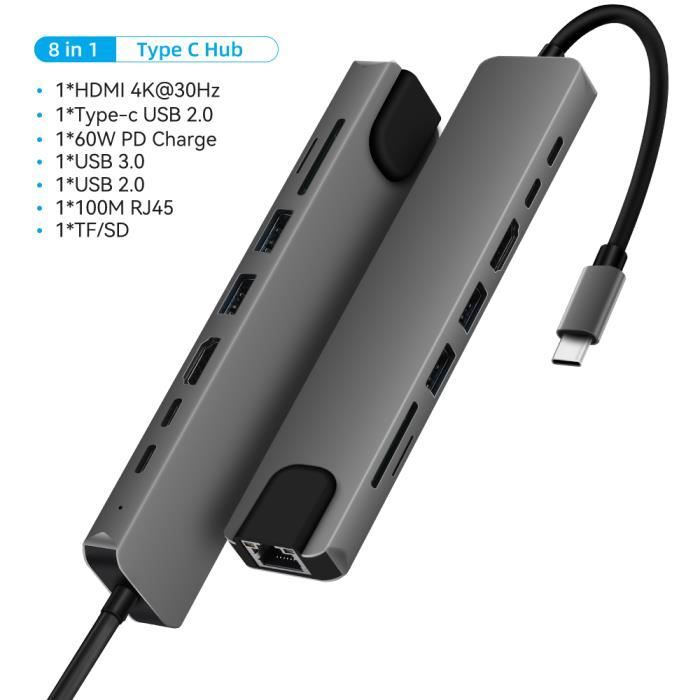 Concentrateur de type C 8 en 1 - Hub USB 3.0 11 en 1 pour ordinateur portable, adaptateur PC PD ...