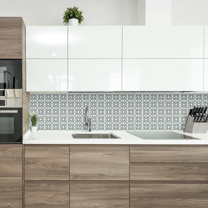 Crédence cuisine adhésive CLOVIS - Carreaux Ciment Vert - L200 x H55 cm ...