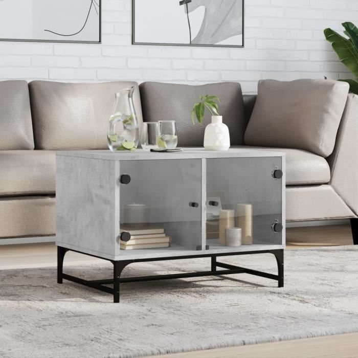 FAS Table basse avec portes en verre gris béton 68,5x50x50 cm A836542 ...