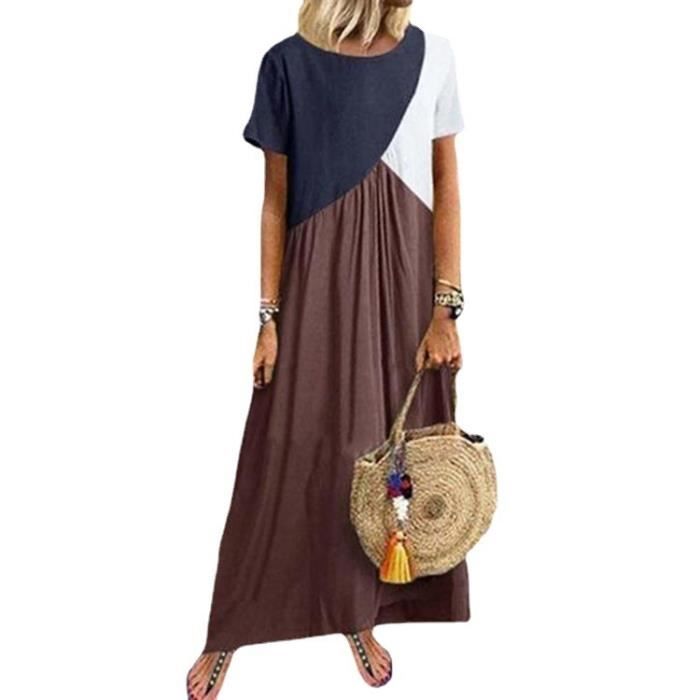 Robe Longue Femme Grande Taille Manche Courte Col V Dégradé Patchwork