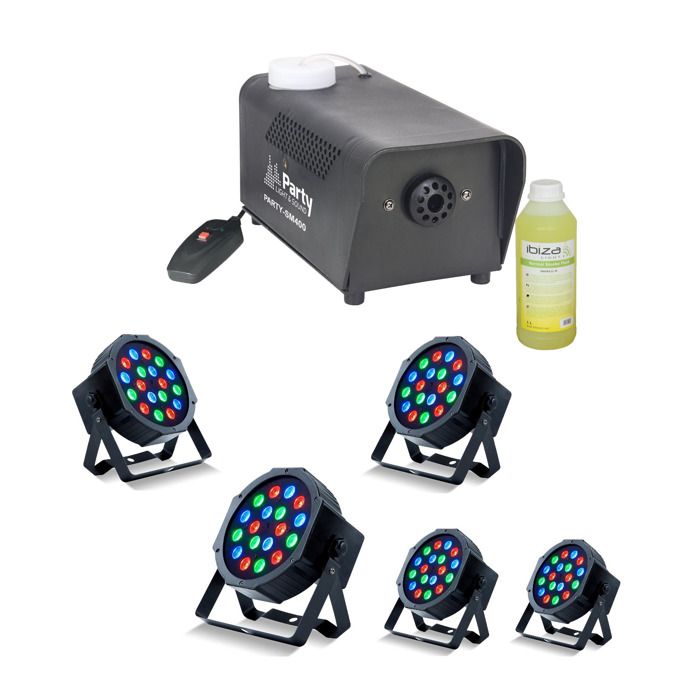 Pack Lumière 5 Projecteurs Par 18X1W RGB DMX - Machine à fumée 400W ...