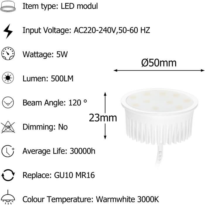 5x Module LED 5W Ultra Plat ø50x23mm, Module LED Blanc Chaud 3000K ...