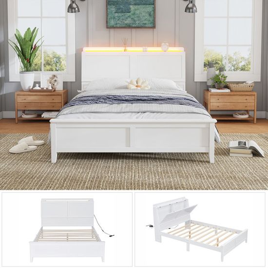 Lit double 140x200 cm - étagère ouverte & compartiment de rangement,lit ...