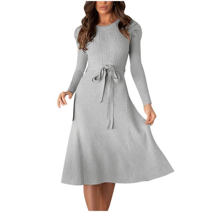 Lukcolor Robe en tricot de couleur unie pour femmes trapèze décontractée à manches longues ...