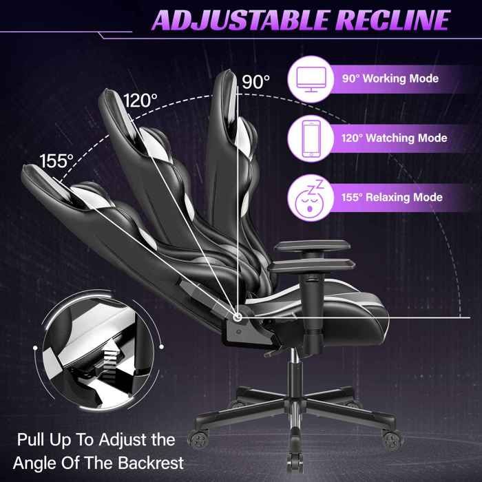 Chaise gaming ergonomique réglable en PU avec dossier inclinable 155 ...