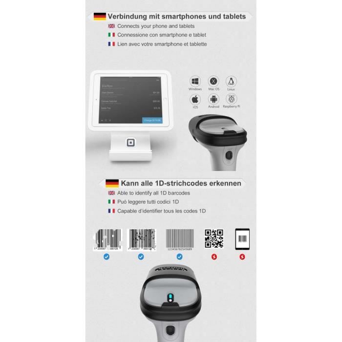 Scanner de Codes-barres Bluetooth Sans fil - INATECK - BCST-70 - Scan ...