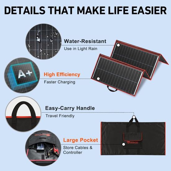 DOKIO Panneau Solaire Pliable 300W Kit monocristallin avec régulateur de charge solaire et câble ...