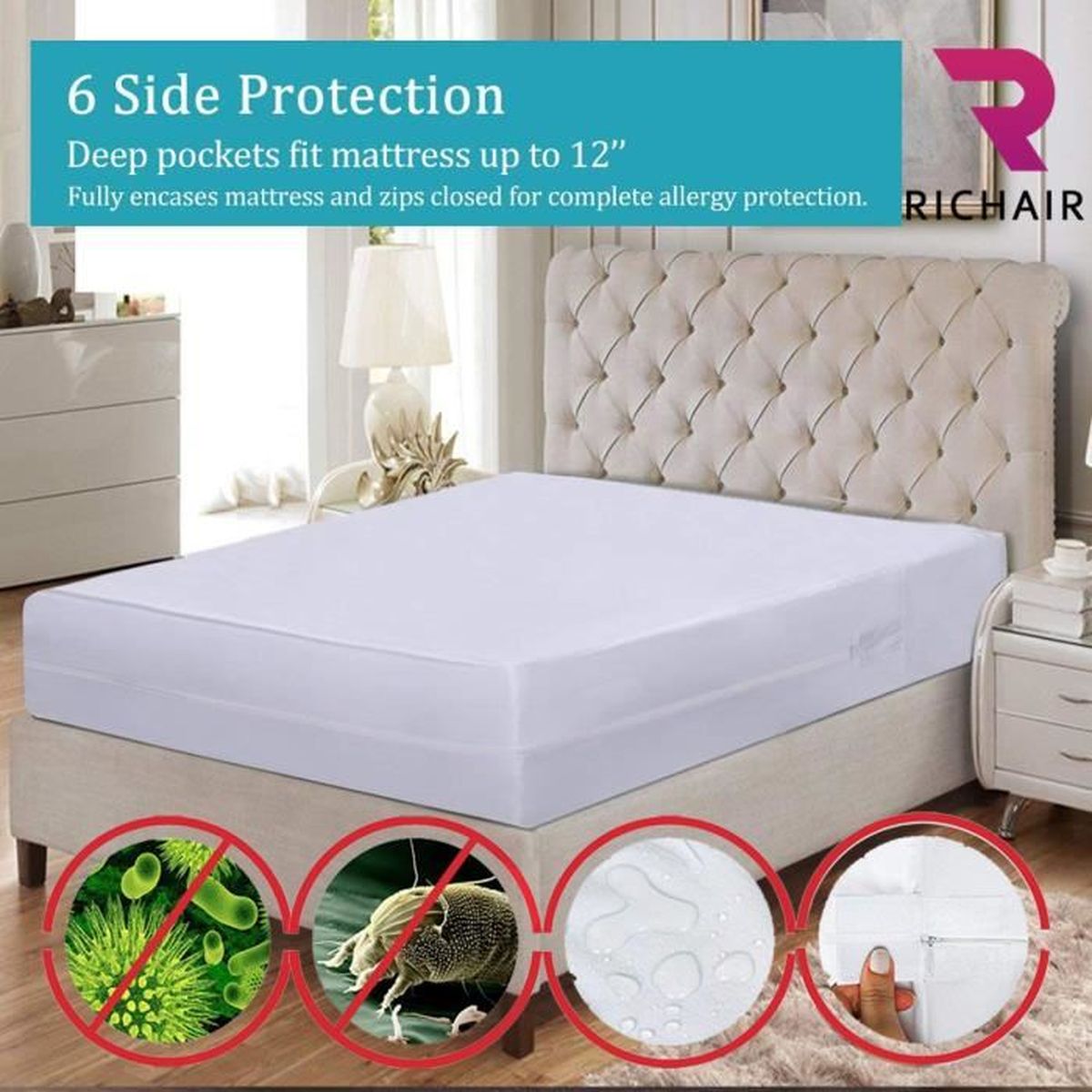 ALESE 160x200cm Housse Protège Matelas zippé étanche - avec Fermeture ...