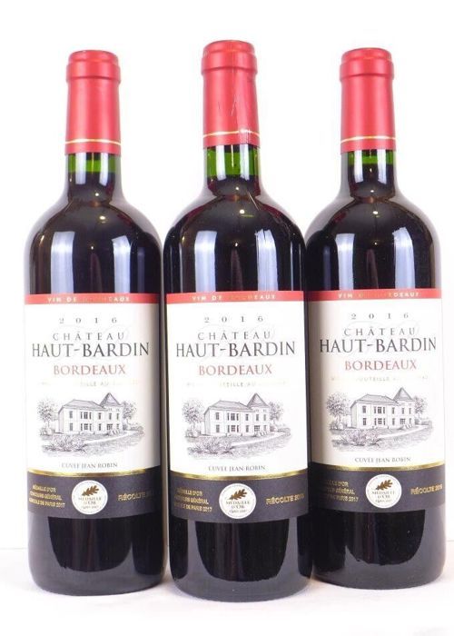 Vin rouge - lot de 3 bouteilles bordeaux château haut-bardin cuvée jean ...