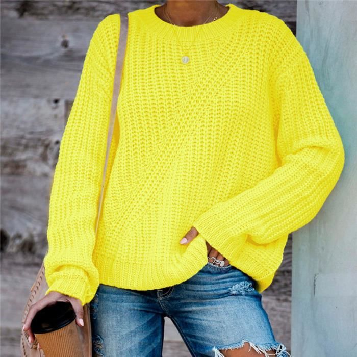 Pull Chandail Femme Avec Surpiqûres De Couleur Unie Jaune M 24 Jaune ...