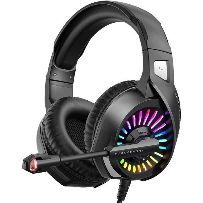 Casque Gaming Noir RGB LED, Casque Gamer avec Microphone Réglable Anti ...