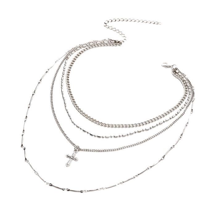 Collier Ras du Cou Chaîne Multicouches avec Pendentif Croix Vintage ...