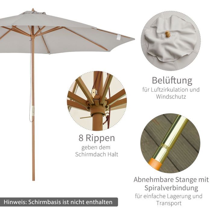 Parasol de jardin 300 cm, mât bois épicéa, 8 baleines bambou, toile ...