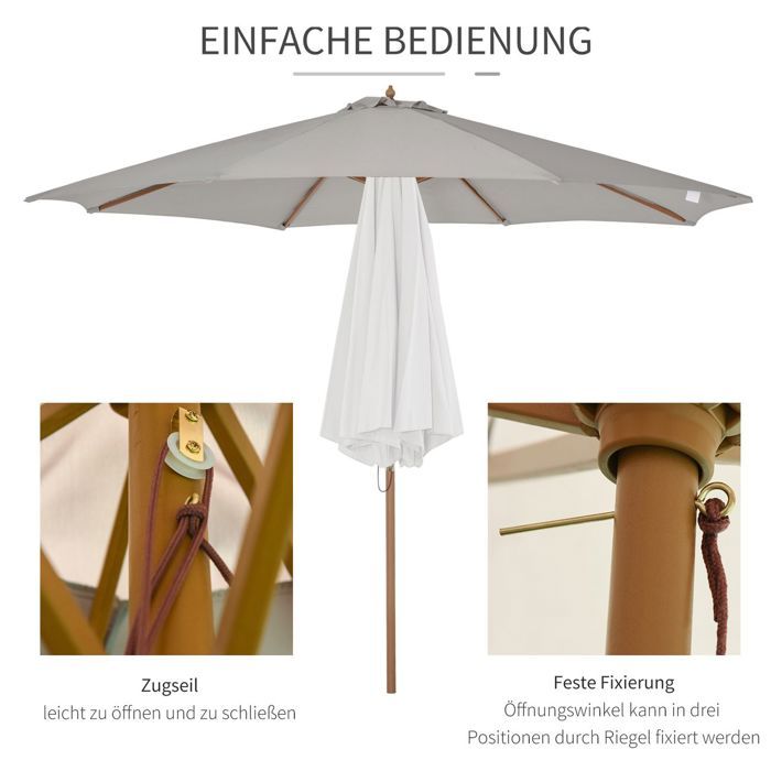 Parasol de jardin 300 cm, mât bois épicéa, 8 baleines bambou, toile ...