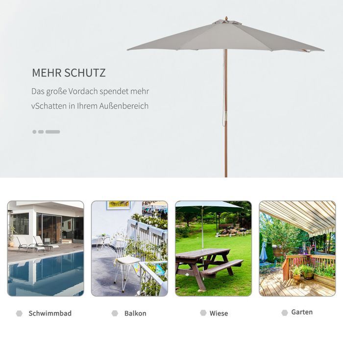Parasol de jardin 300 cm, mât bois épicéa, 8 baleines bambou, toile ...