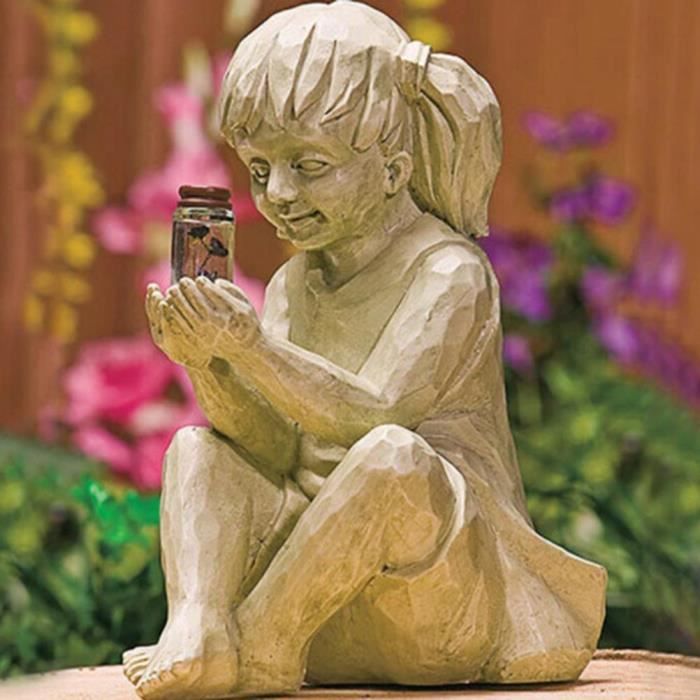 Statue de jardin d'un enfant avec des lucioles solaires, pot en résine ...