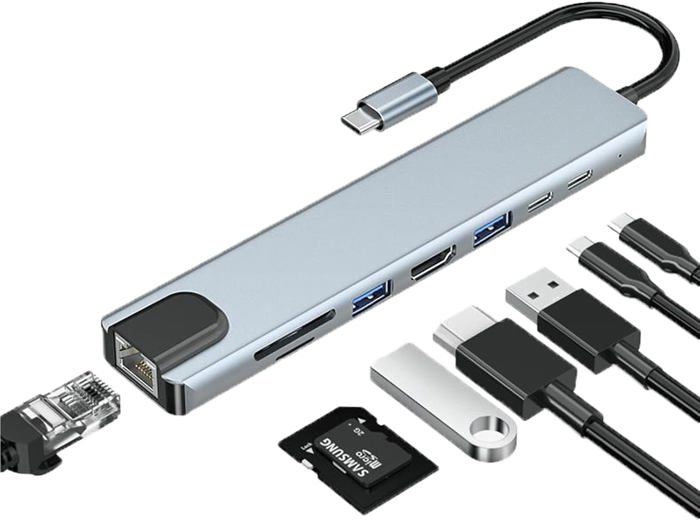 Hub USB C, 8 en 1 4K, PD 100 W, Port USB C, USB 3.0, USB 2.0, SD/TF ...