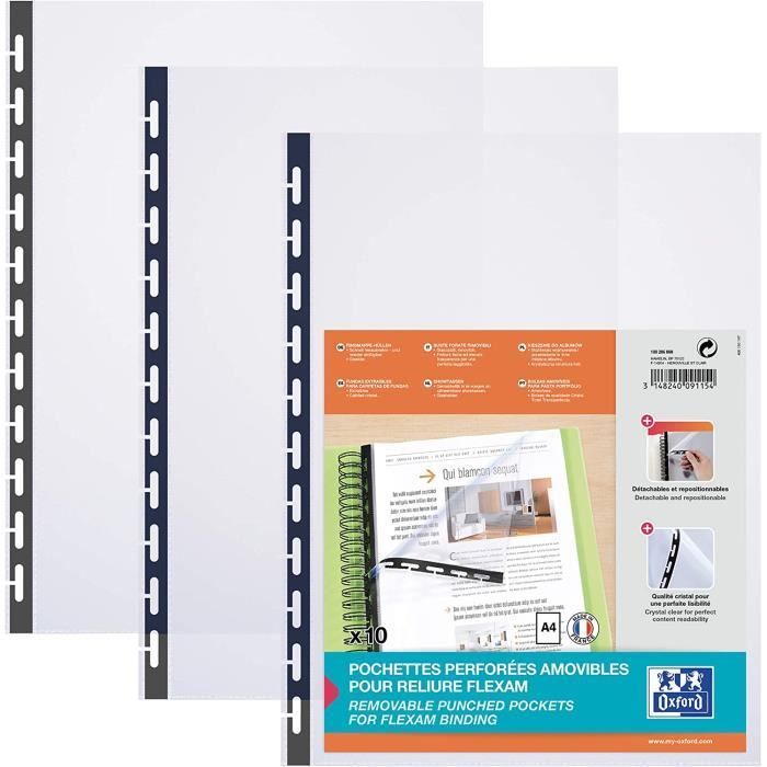OXFORD Sachet de 10 Pochettes Perforées Flexam A4 Polypro Lisse ...