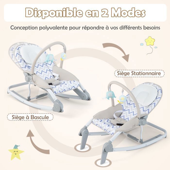 Transat Bébé 2 en 1 COSTWAY-Dossier 3 Positions-Siège Fixe/Bascule en ...