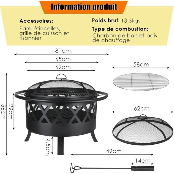 Brasero Exterieur pour Jardin, Ø 81 cm Foyer, Brasero Barbecue avec ...