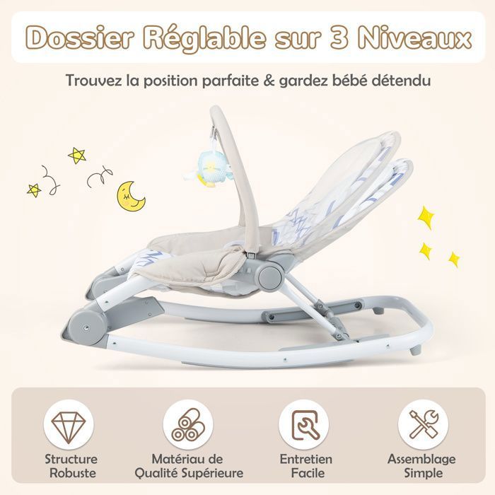 Transat Bébé 2 en 1 COSTWAY-Dossier 3 Positions-Siège Fixe/Bascule en ...