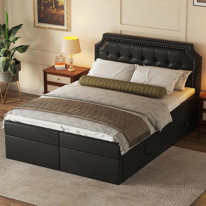 Lit double - Noir - 140x200 cm - Métal - Grand espace de rangement ...