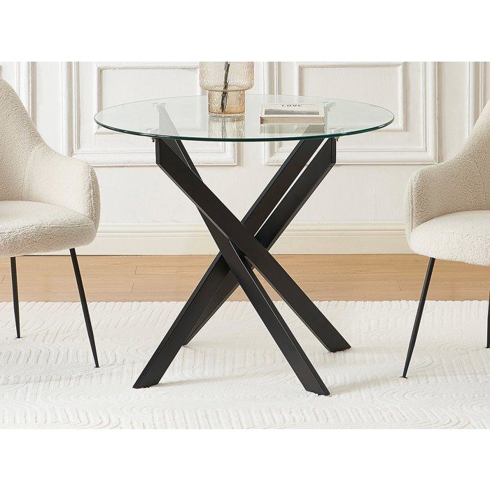 Table à manger ronde 2 personnes en verre trempé et métal noir ...