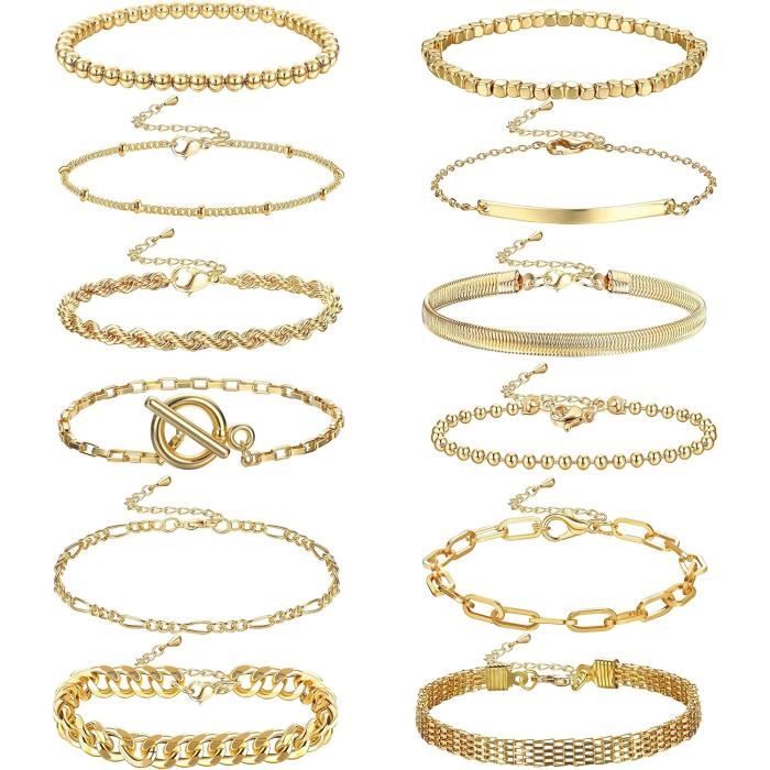 12Pcs Chain Bracelets Set for Women 14K Gold Plated Link Chain ...
