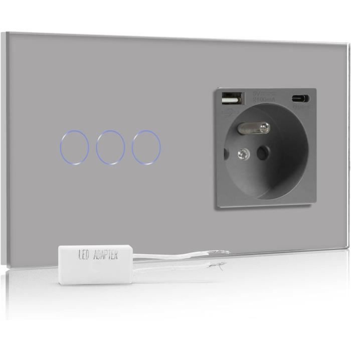 Interrupteur Variateur Avec Prise Murale Usb Et 1 Type C,Gris 1 Gang 1 ...