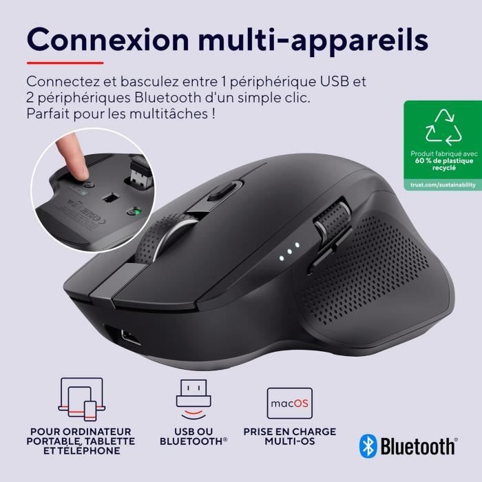 Ozaa+ Souris Sans Fil Bluetooth + 2.4Ghz,Souris Silencieuse Multi ...