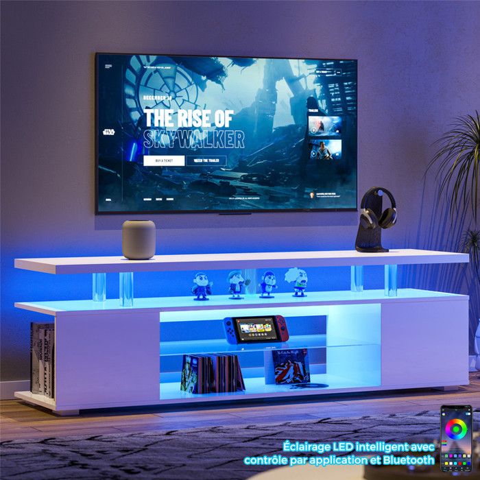 Meuble Tele Blanc avec LED et Rangement, Meuble TV Salon Moderne avec ...