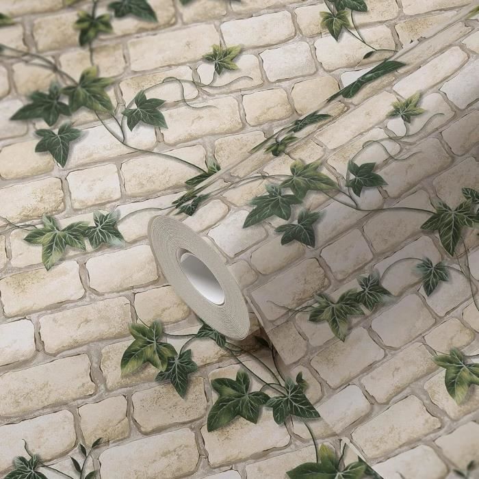 Papier Peint Aspect Pierre Beige Vert Aspect Brique Lierre Naturel ...