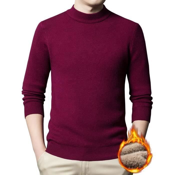 Pull col roulé homme rouge - Basique doublé en peluche - Coupe slim ...